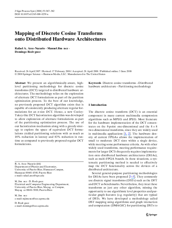 (PDF) Mapping of Discrete Cosine Transforms onto Distributed Hardware Architectures