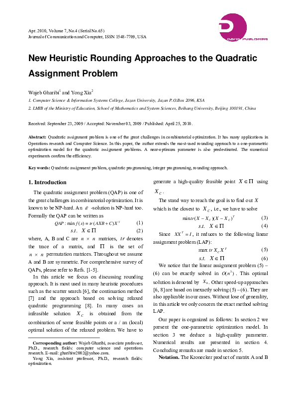 (PDF) New Heuristic Rounding Approaches to the Quadratic Assignment Problem