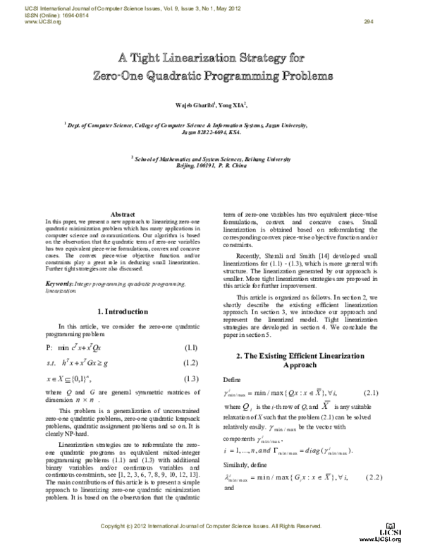 Pdf A Tight Linearization Strategy For Zero One Quadratic Programming Problems