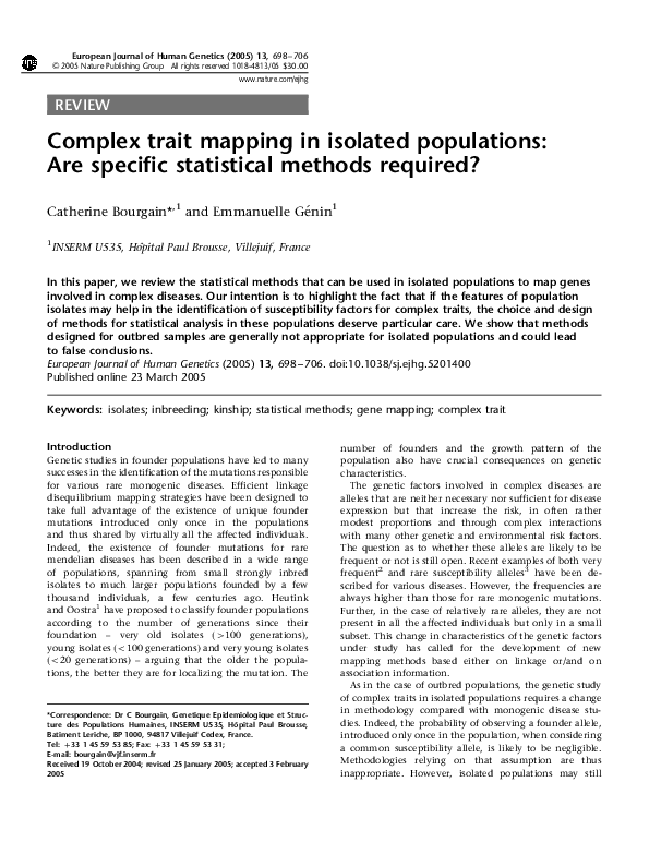 (PDF) Complex trait mapping in isolated populations: Are specific statistical methods required?