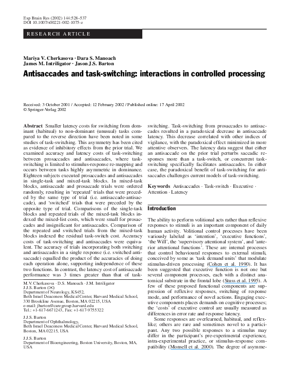 (PDF) Antisaccades and task-switching: interactions in controlled processing