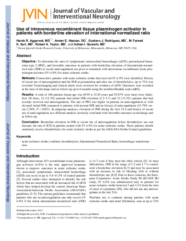 (PDF) Use of intravenous recombinant tissue plasminogen activator in ...