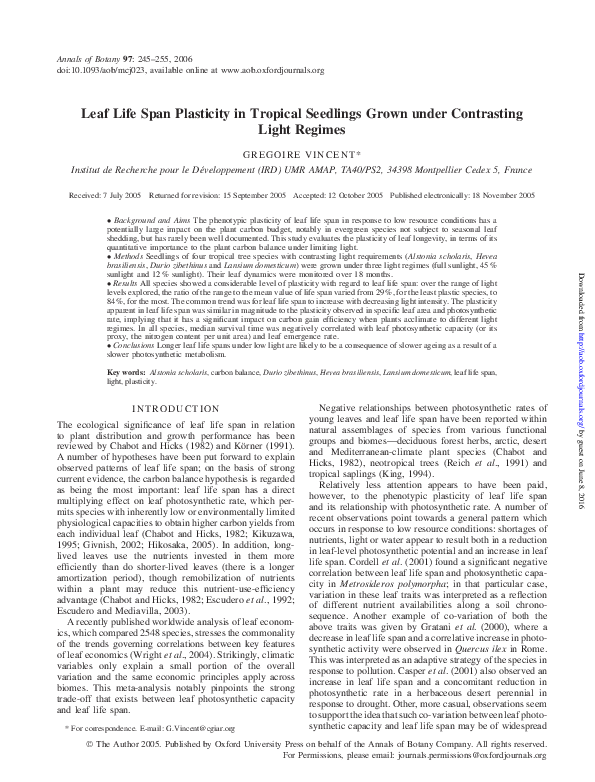 (PDF) Leaf life span plasticity in tropical seedlings grown under ...