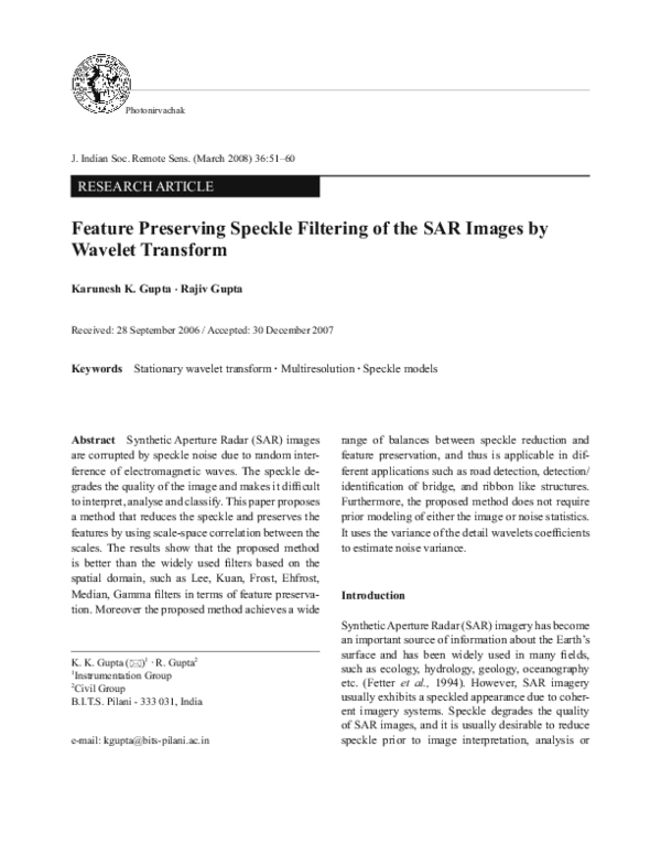 (PDF) Feature preserving speckle filtering of the SAR images by wavelet transform