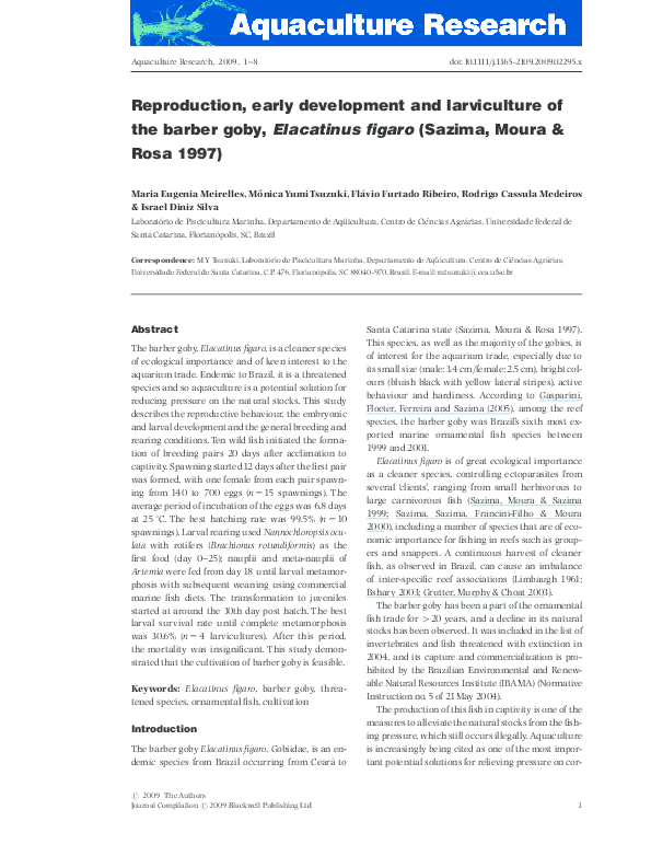 (PDF) Reproduction, early development and larviculture of the barber ...