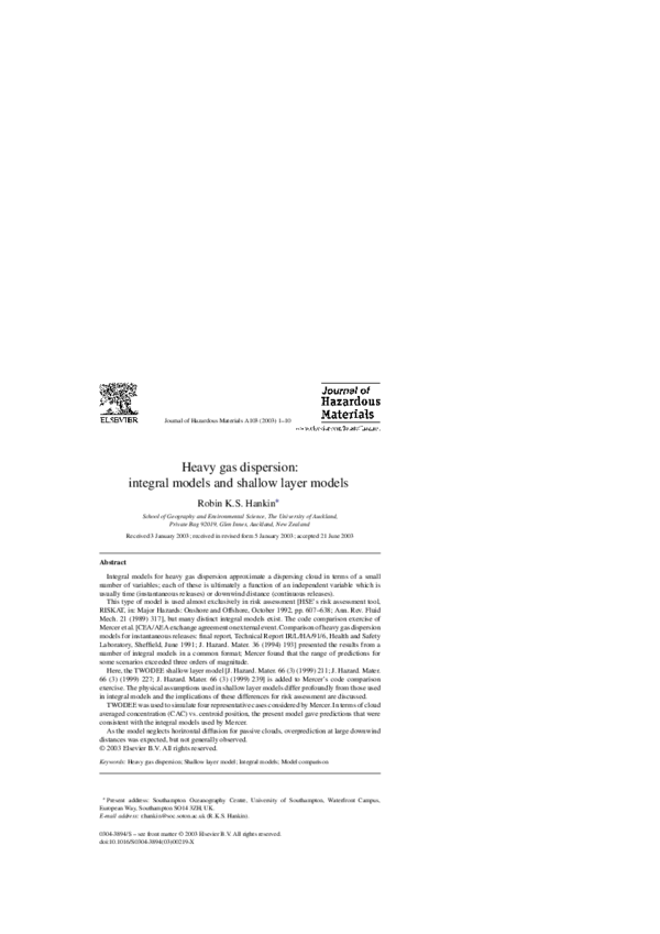 (PDF) Heavy gas dispersion: integral models and shallow layer models