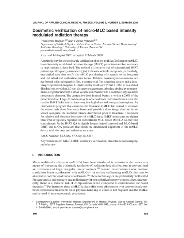 (PDF) Dosimetric verification of micro-MLC based intensity modulated radiation therapy