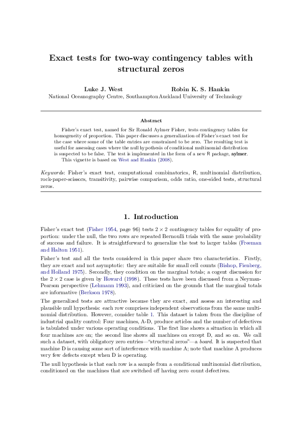 Pdf Exact Tests For Two Way Contingency Tables With Structural Zeros