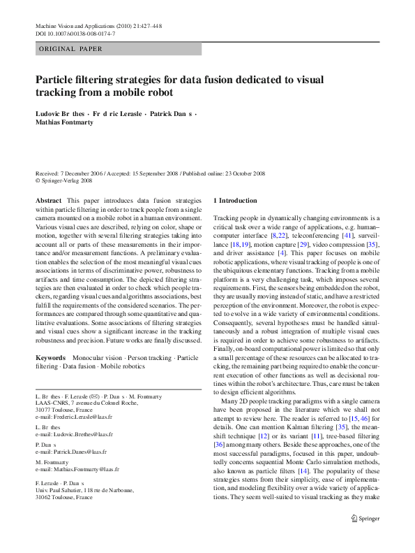 Pdf Particle Filtering Strategies For Data Fusion Dedicated To Visual Tracking From A Mobile Robot