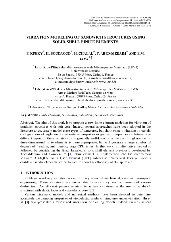 Pdf Vibration Modeling Of Sandwich Structures Using Solid Shell Finite Elements