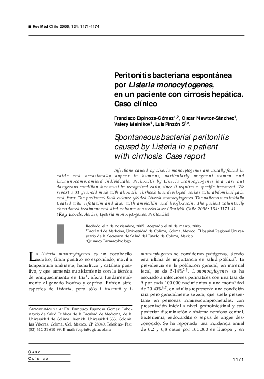 (PDF) Peritonitis bacteriana espontánea por Listeria monocytogenes