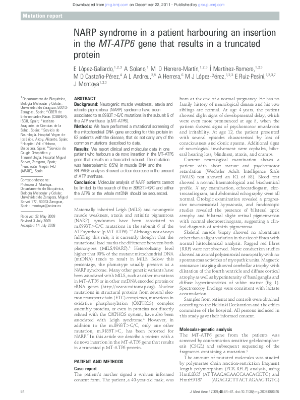 (PDF) NARP syndrome in a patient harbouring an insertion in the MT-ATP6 ...