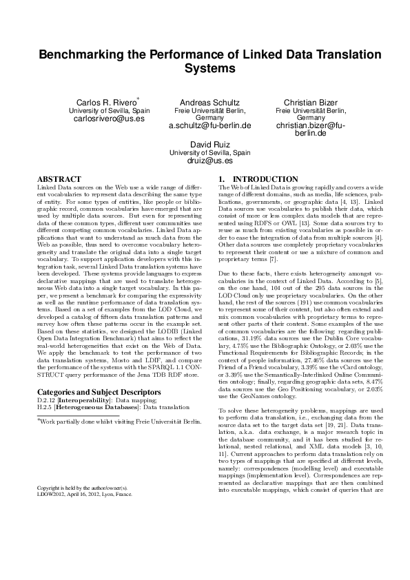 (PDF) Benchmarking the Performance of Linked Data Translation Systems