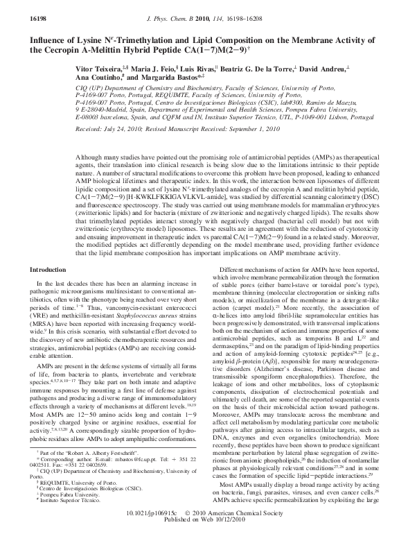 (PDF) Influence of Lysine Nε-Trimethylation and Lipid Composition on the Membrane Activity of ...
