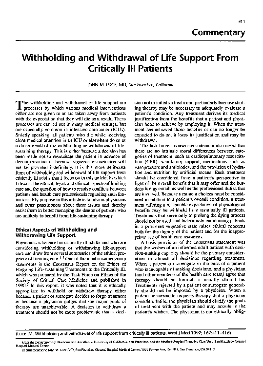 (PDF) Withholding and withdrawal of life support from critically ill ...