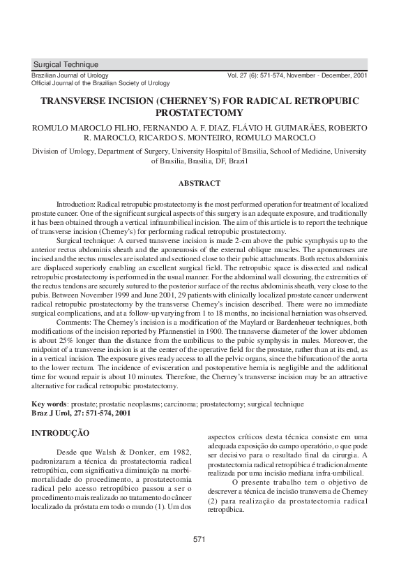 (PDF) TRANSVERSE INCISION (CHERNEY'S) FOR RADICAL RETROPUBIC PROSTATECTOMY