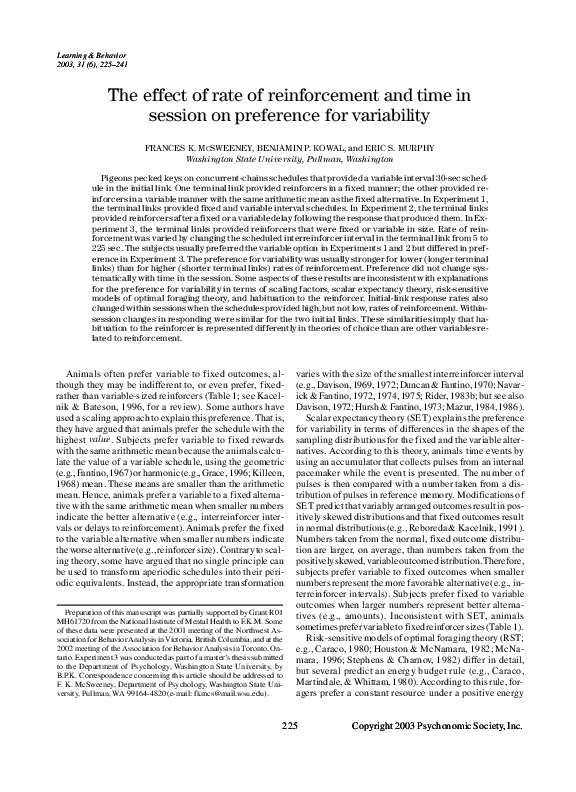 (PDF) The effect of rate of reinforcement and time in session on preference for variability