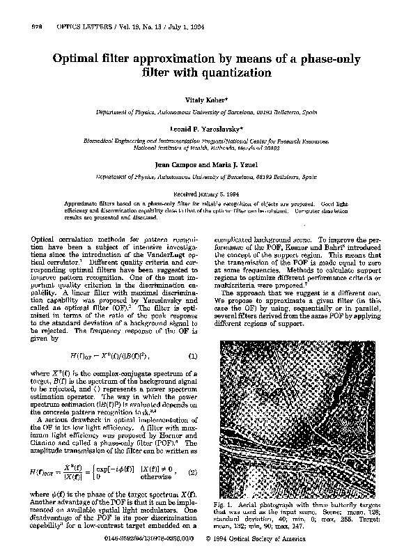 Pdf Optimal Filter Approximation By Means Of A Phase Only Filter With Quantization