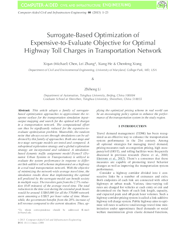 (PDF) Surrogate-Based Optimization of Expensive-to-Evaluate Objective for Optimal Highway Toll ...
