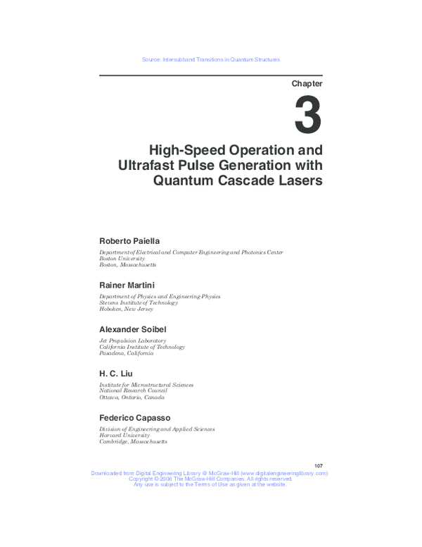 (PDF) High-Speed Operation and Ultrafast Pulse Generation with Quantum Cascade Lasers