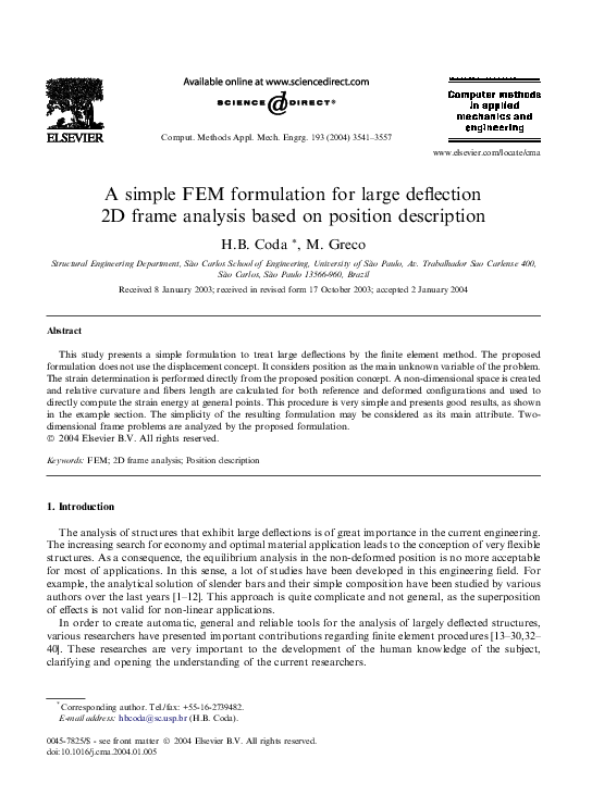 A simple FEM formulation for large deflection 2D frame analysis based on position description