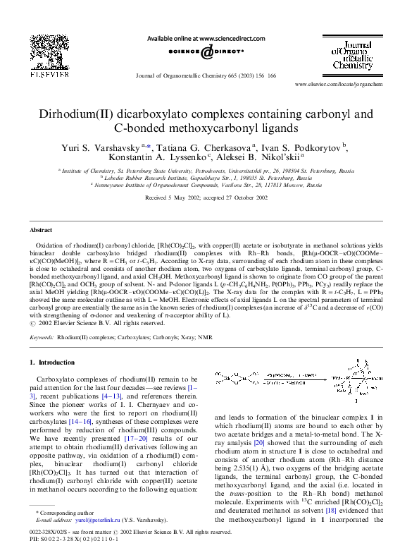 (PDF) Dirhodium (II) dicarboxylato complexes containing carbonyl and C-bonded methoxycarbonyl ...