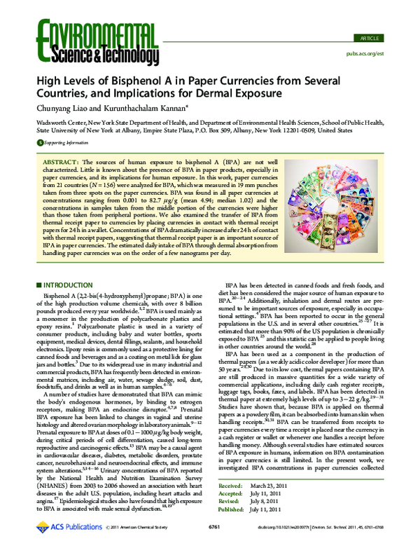 (PDF) High Levels of Bisphenol A in Paper Currencies from Several ...
