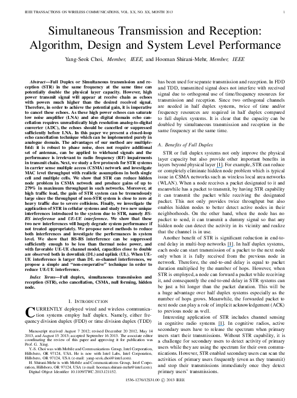 Pdf Simultaneous Transmission And Reception Algorithm Design And