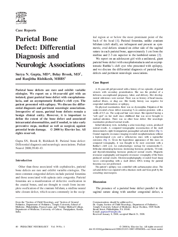 (PDF) Parietal Bone Defect: Differential Diagnosis and Neurologic ...
