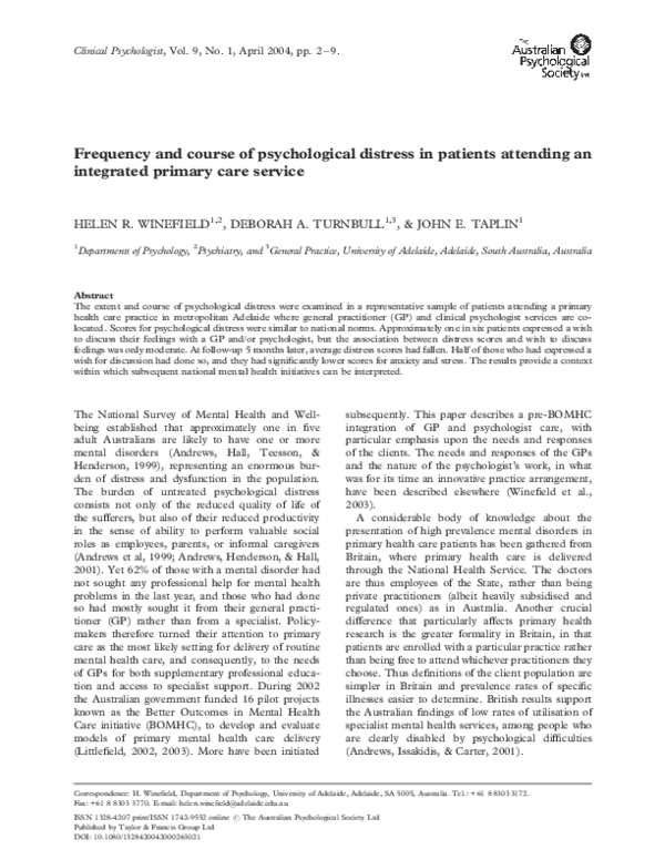 (PDF) Frequency and course of psychological distress in patients ...