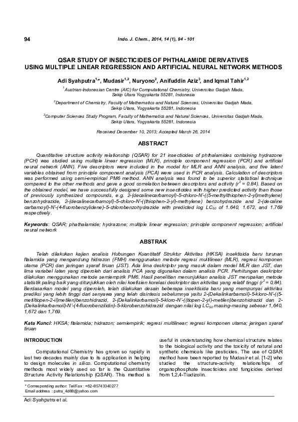 (PDF) Qsar Study of Insecticides of Phthalamide Derivatives Using Multiple Linear Regression and ...