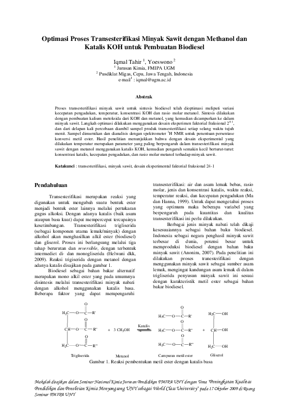 (PDF) Optimasi Proses Transesterifikasi Minyak Sawit dengan Methanol ...