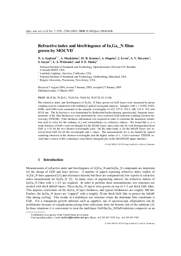 (PDF) Refractive index and birefringence of InxGa1-xN films grown by MOCVD