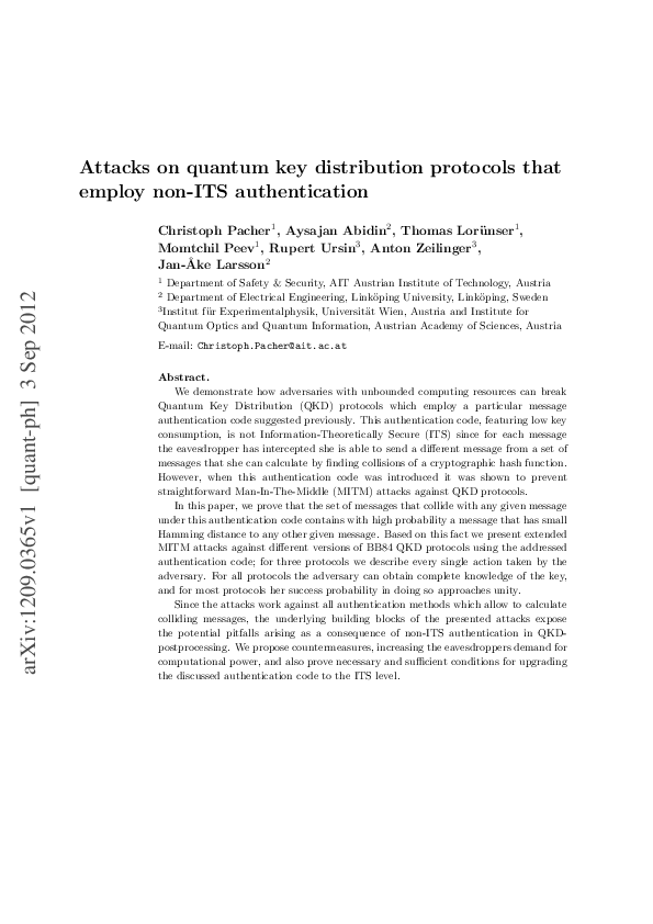 (PDF) Attacks on quantum key distribution protocols that employ non-ITS authentication