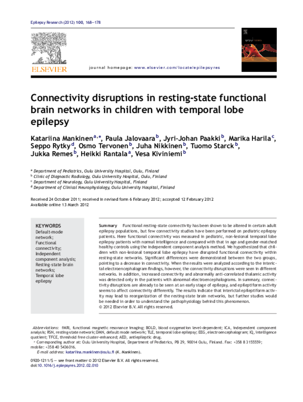 (PDF) Connectivity disruptions in resting-state functional brain networks in children with ...