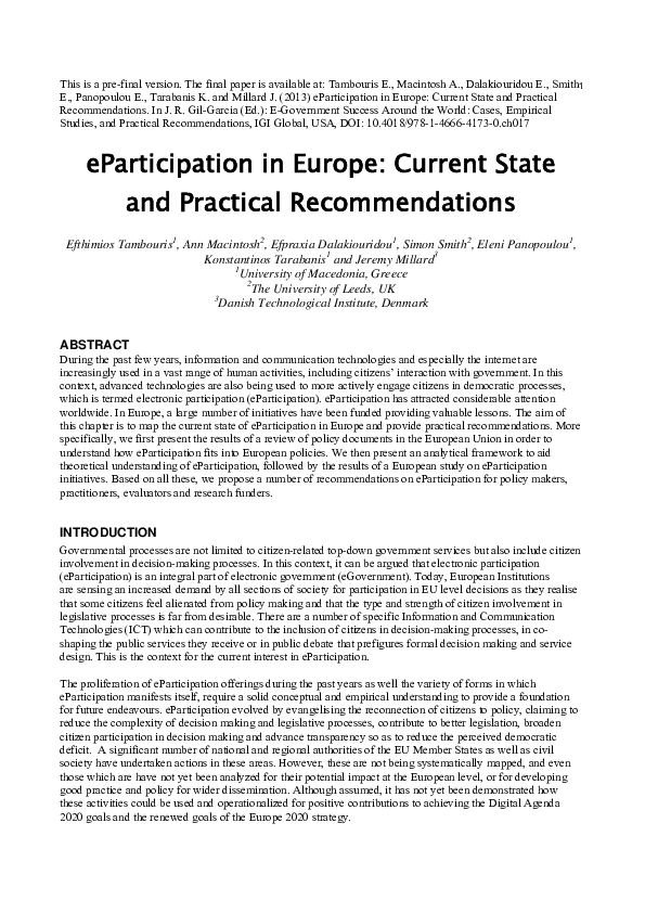 (PDF) eParticipation in Europe: Current State and Practical