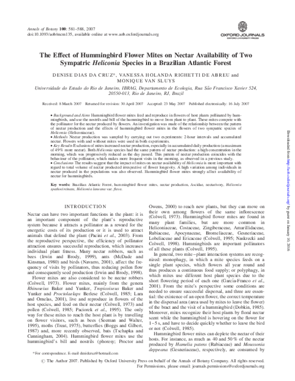 (PDF) The Effect of Hummingbird Flower Mites on Nectar Availability of ...