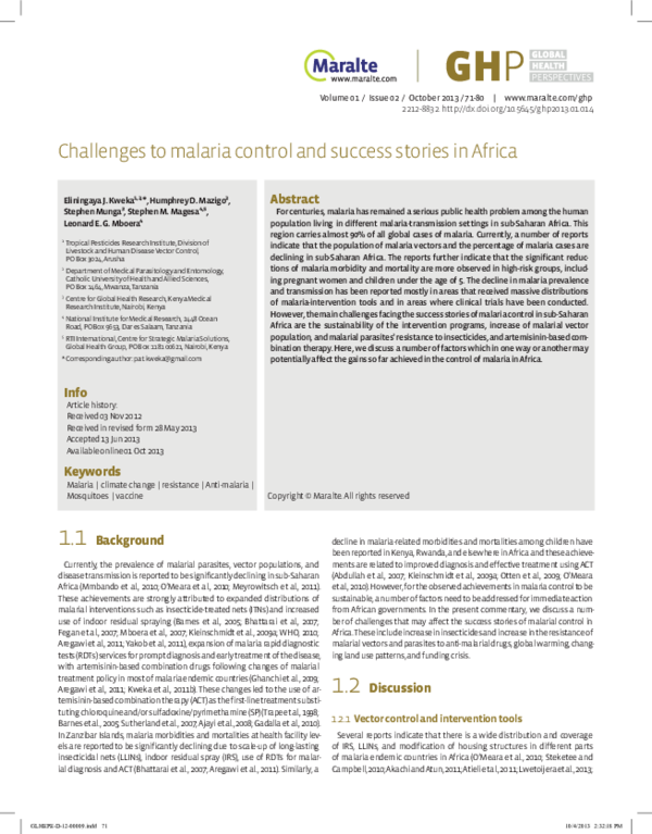 (PDF) Challenges to malaria control and success stories in Africa