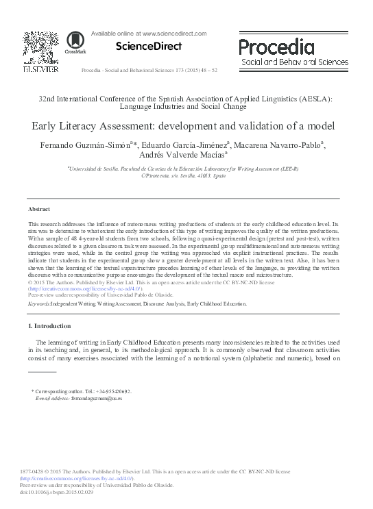 (PDF) Early Literacy Assessment: Development and Validation of a Model