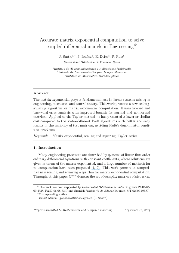 Pdf Accurate Matrix Exponential Computation To Solve Coupled Differential Models In Engineering