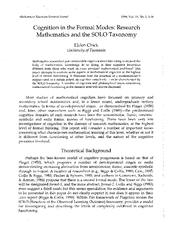 (PDF) Cognition in the formal modes: Research mathematics and the SOLO taxonomy