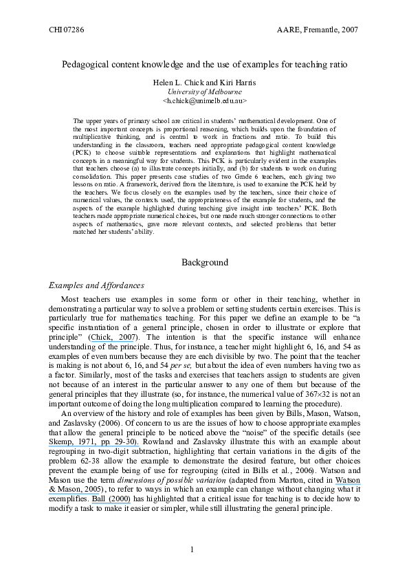 (PDF) Pedagogical content knowledge and the use of examples for ...