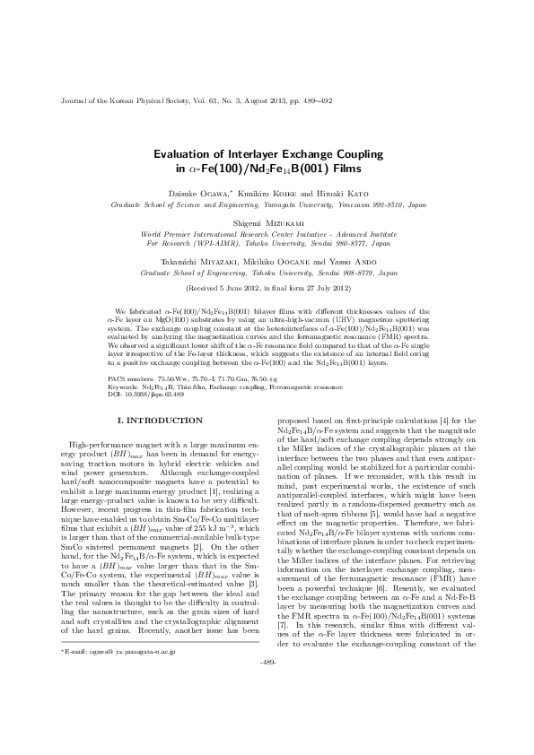 (PDF) Evaluation of interlayer exchange coupling in α-Fe(100)/Nd2Fe14B(001) films