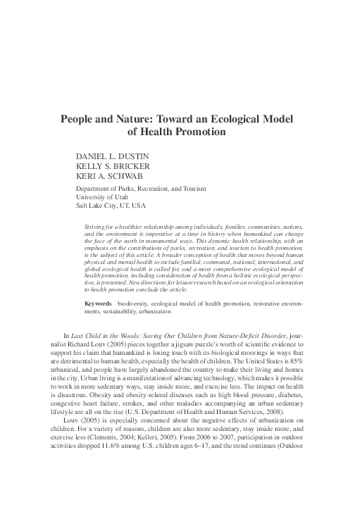 (PDF) People and Nature: Toward an Ecological Model of Health Promotion