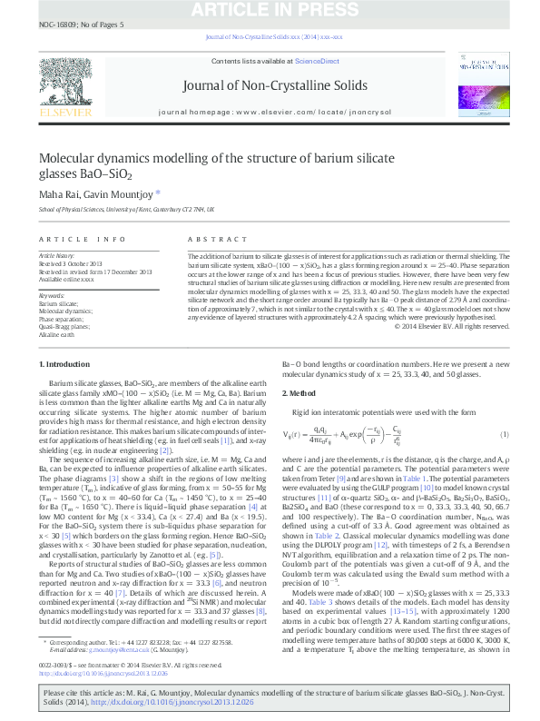 (PDF) Molecular dynamics modelling of the structure of barium silicate ...