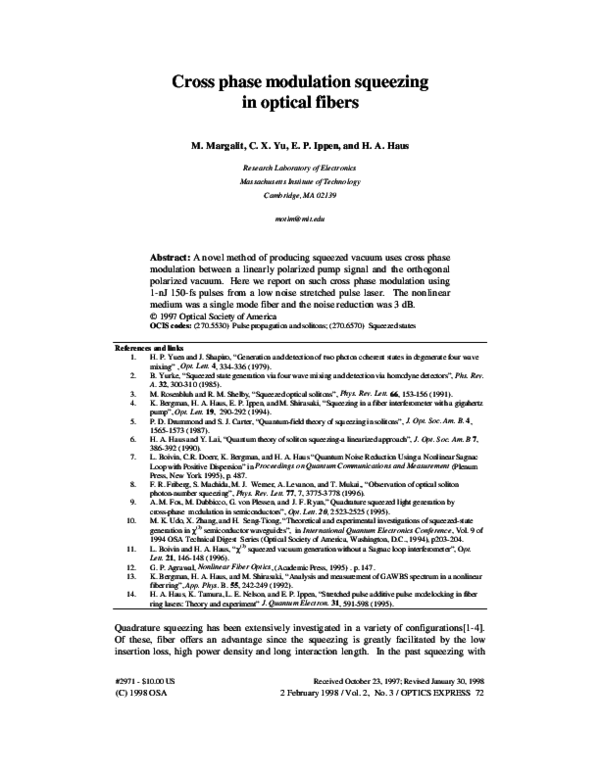 (PDF) Cross phase modulation squeezing in optical fibers