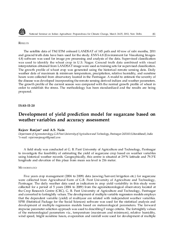 Pdf Development Of Yield Prediction Model For Sugarcane Based On Weather Variables And