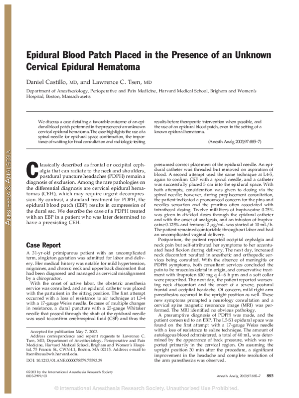 (PDF) Epidural Blood Patch Placed in the Presence of an Unknown ...