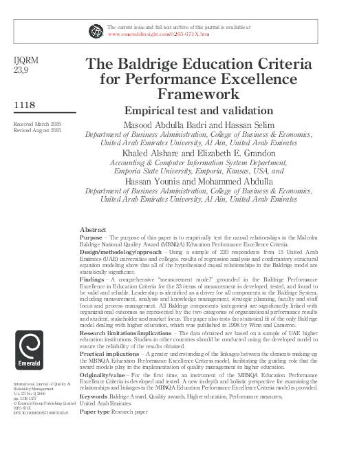 (PDF) The Baldrige Education Criteria for Performance Excellence ...