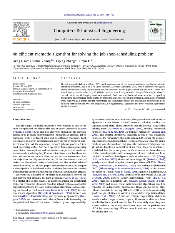 (PDF) An efficient memetic algorithm for solving the job shop scheduling problem